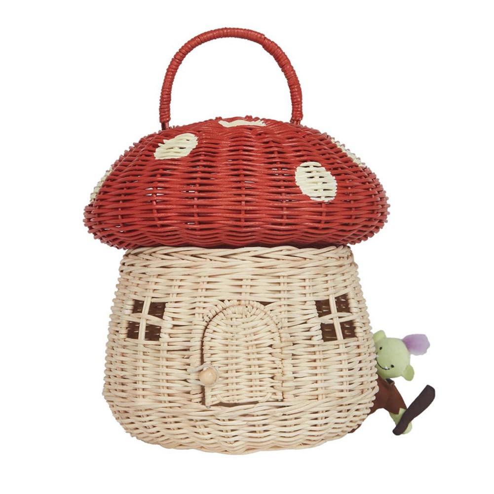 Lizusidtsy Handmade Rattan Mushroom-Shaped Storage Basket- Cute Handmade Handcrafted Gift Decoration Artwork Rattan, Red 24 X 28cm