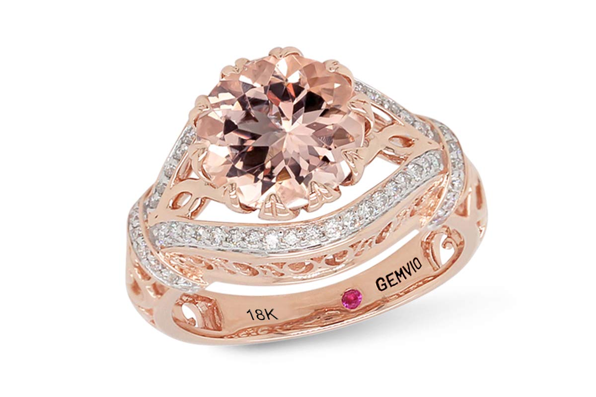 GEMVIO Collection Unique 10MM Peach Morganite Gemstone Ring 18K Rose Gold Engagement Anniversary Bridal Wedding Ring 2.60 Cttw Size-7