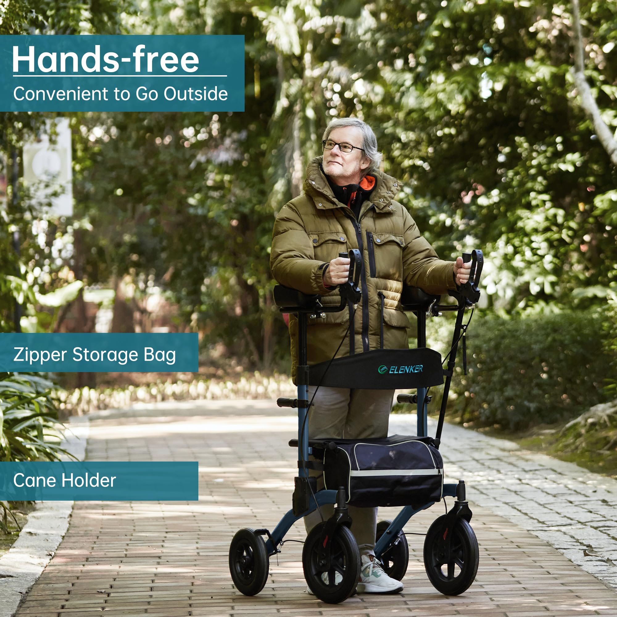 ELENKER All-Terrain Upright Rollator Walker, Stand up Rolling Walker with Seat, 12β Non-Pneumatic Tire Wheels, Compact Folding Design for Seniors, Green