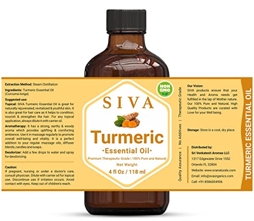 Siva Turmeric Essential Oil 4 Oz with Premium Glass Dropper – 100% Pure, Natural, Undiluted & Therapeutic Grade, Great for Nourished Skin & Hair, Diffuser, Aromatherapy, Massage, DIY Soap & Candle