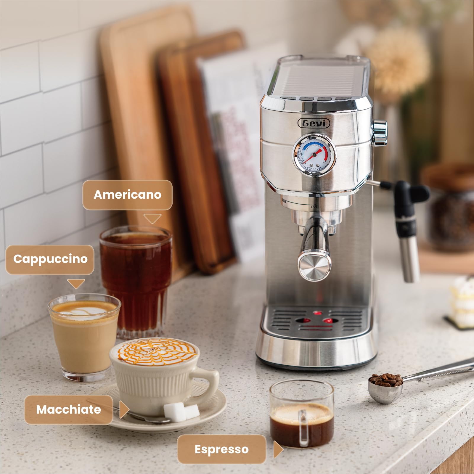 Gevi Espresso Machine 20 Bar with Auto Milk Frother, Professional Espresso Maker with Adjustable Shot Volume, Compact Cappuccino & Latte Machine, Stainless Steel, Gift for Coffee Lover, Home Baristas