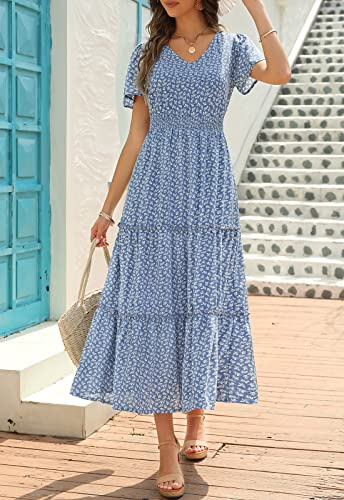 Zattcas Womens 2023 Summer Casual Long Dress Short Flutter Sleeve V Neck Smocked Waist Tiered Flowy Modest Floral Boho Maxi Dress Blue L