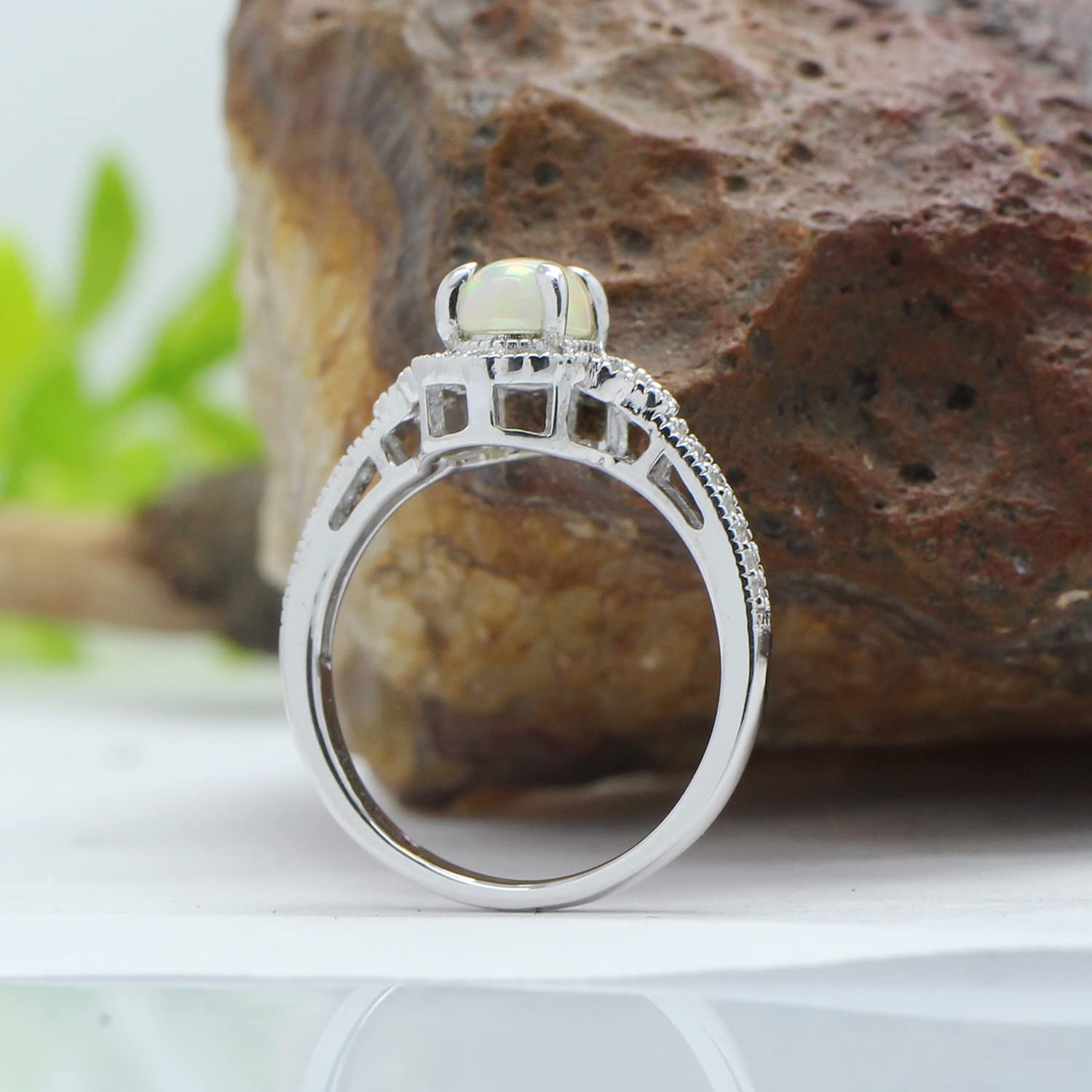 Gemvio Collection 3/4 CT 7X5MM Oval Cut Natural White Opal Gemstone With Diamond Frame Vintage-Style Ring In 14K Solid White Gold Engagement Wedding Ring (0.75Cttw)-8