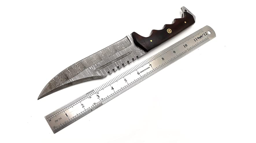 Handmade Damascus steel Hunting Knife with sheath,Fixed blade Bowie knife for Survival, Ergonomic Walnut wood handle | 12-inch Handmade Damascus Horizontal carry knife for men