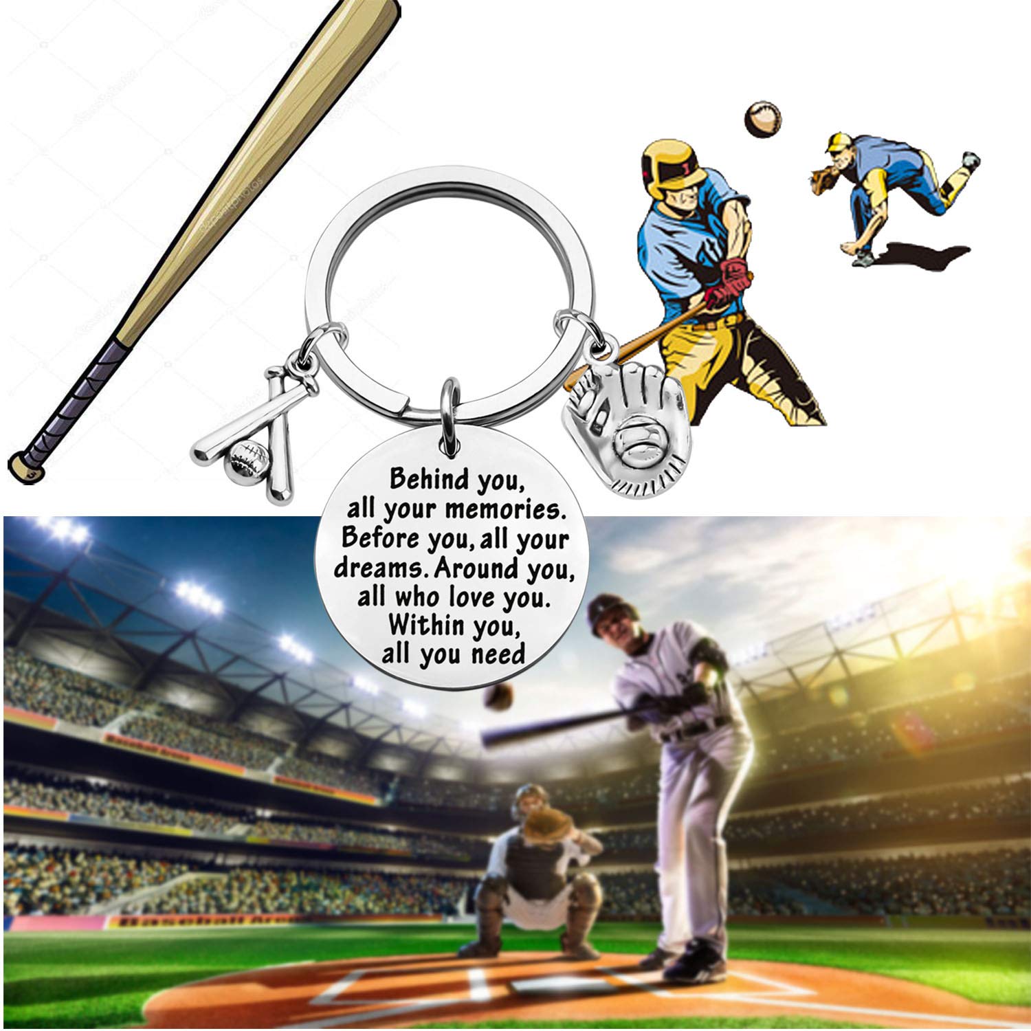 FEELMEM Baseball Keychain Baseball Player Gift Behind You All Memories Before You All Your Dream Keychain Softball Baseball Jewelry Baseball Mom Gift (Baseball Keychain)