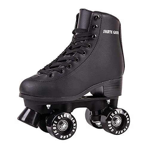 Skate Gear Extra Support Quad Roller Skates for Kids and Adults (Black, Women's 6 / Youth 5 / Men's 5)
