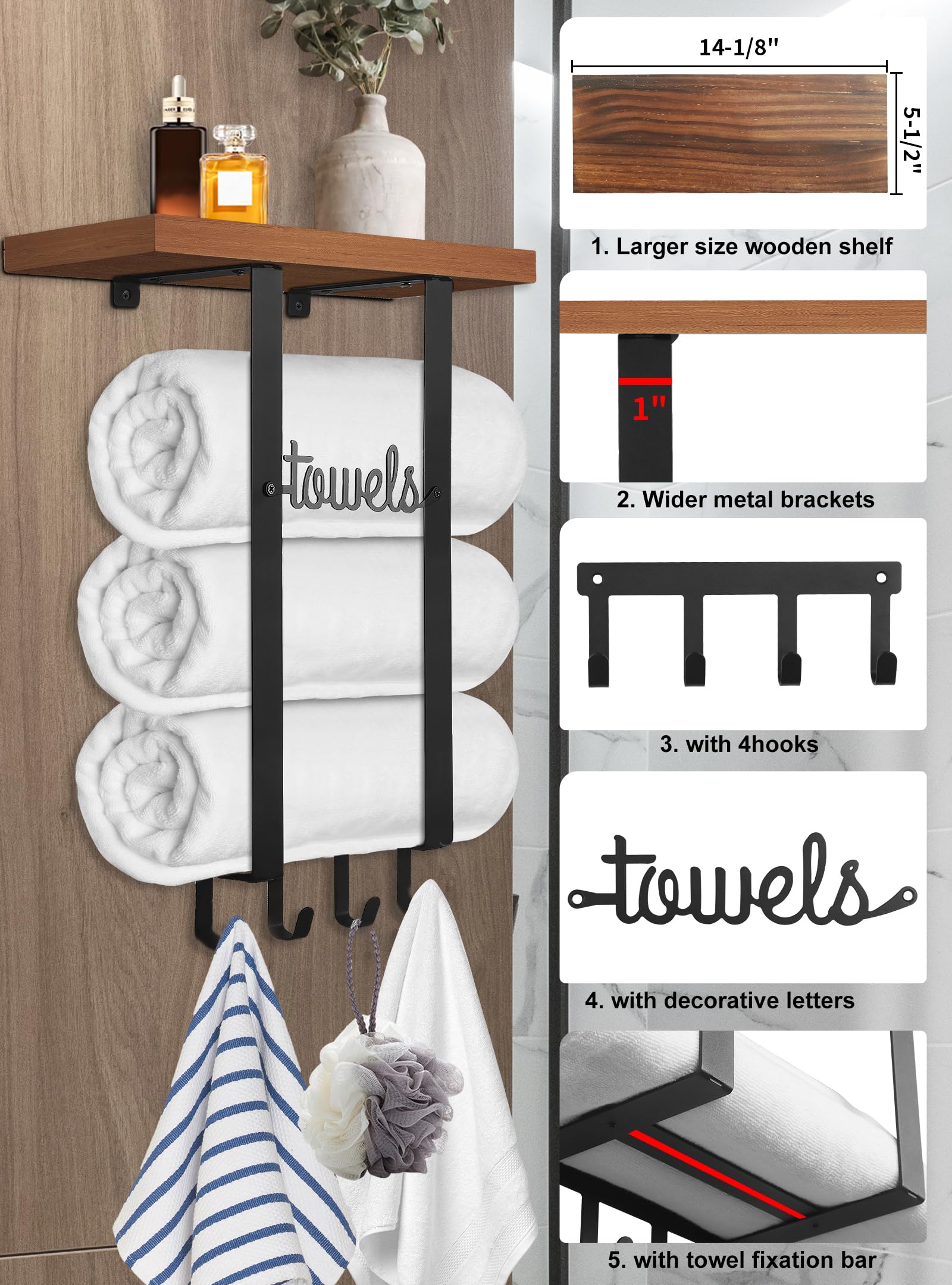 Towel Holder Bathroom Storage with Wooden Shelf and 4 Hooks Towel Rack Wall Mounted for Rolled Towels Towel Organizer for Narrow Bathroom Accessories and Decor