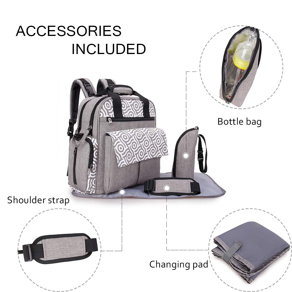 Lmbabter Diaper Bag Backpack with Changing Station Large-Capacity Mommy Baby Bag Convertible Diaper Bag Tote with Shoulder Strap (Grey)