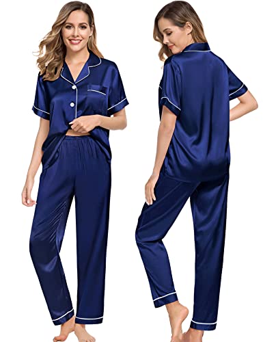 SWOMOG Women Satin Silk Pjs Sets Short Sleeve Top & Pants Soft Loose Loungewear Matching Couple Pajamas Sets Navy Blue