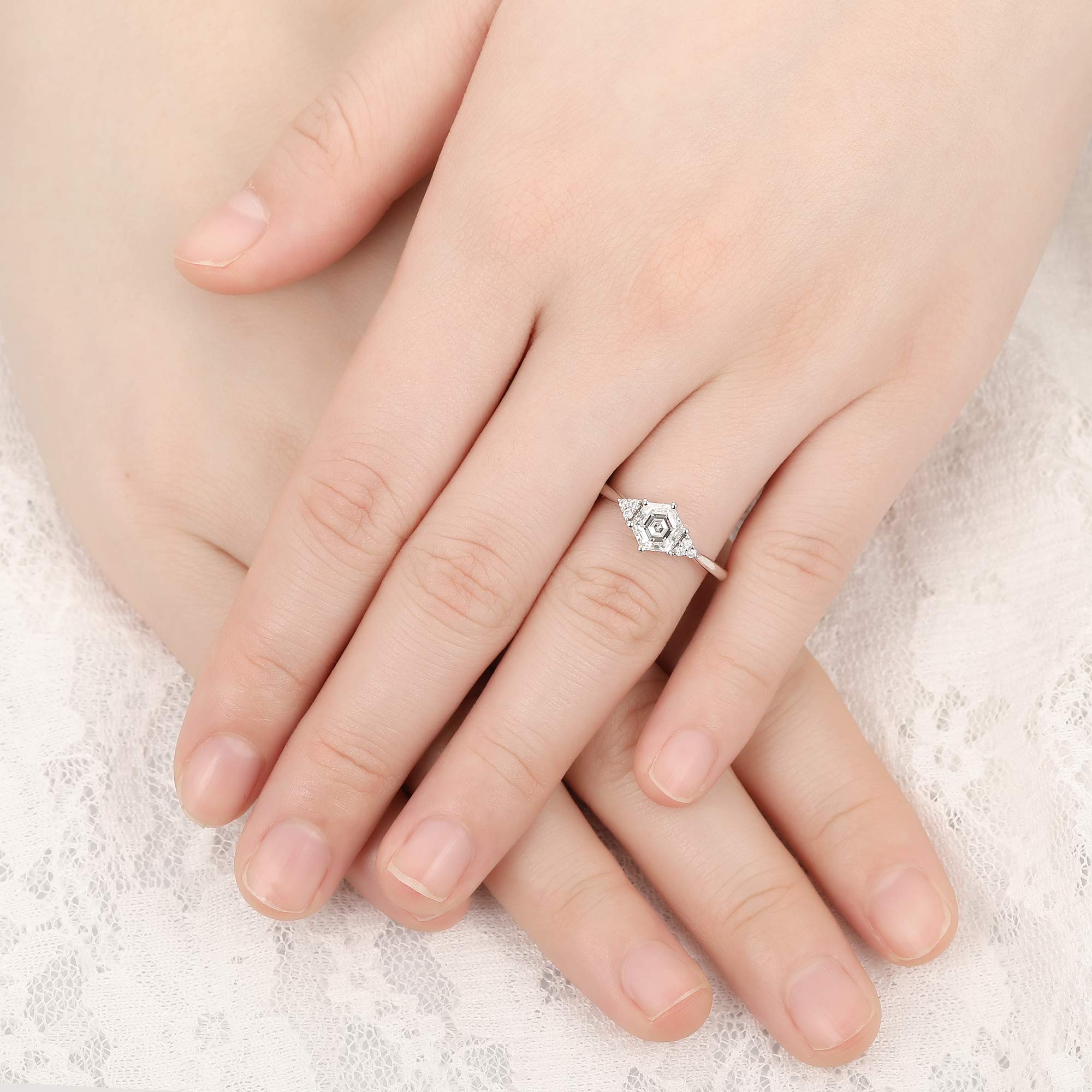Esdomera Excellent Hexagon Cut 6mm 1.85ct Genuine Moissanite Women's Ring Platinum Plated Sterling Silver Ring Accents Engagement Ring for Women (7)