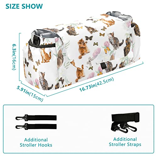 Kigai Cats Butterflies Baby Stroller Organizer with Cup Holders, Secure Hooks Accessories Adjustable Strap Stroller Bag for Bottle, Diaper, Phone, Toys, Baby Items
