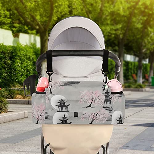 Kigai Cherry Blossom Trees Pagoda Baby Stroller Organizer with Cup Holders, Secure Hooks Accessories Adjustable Strap Stroller Bag for Bottle, Diaper, Phone, Toys, Baby Items