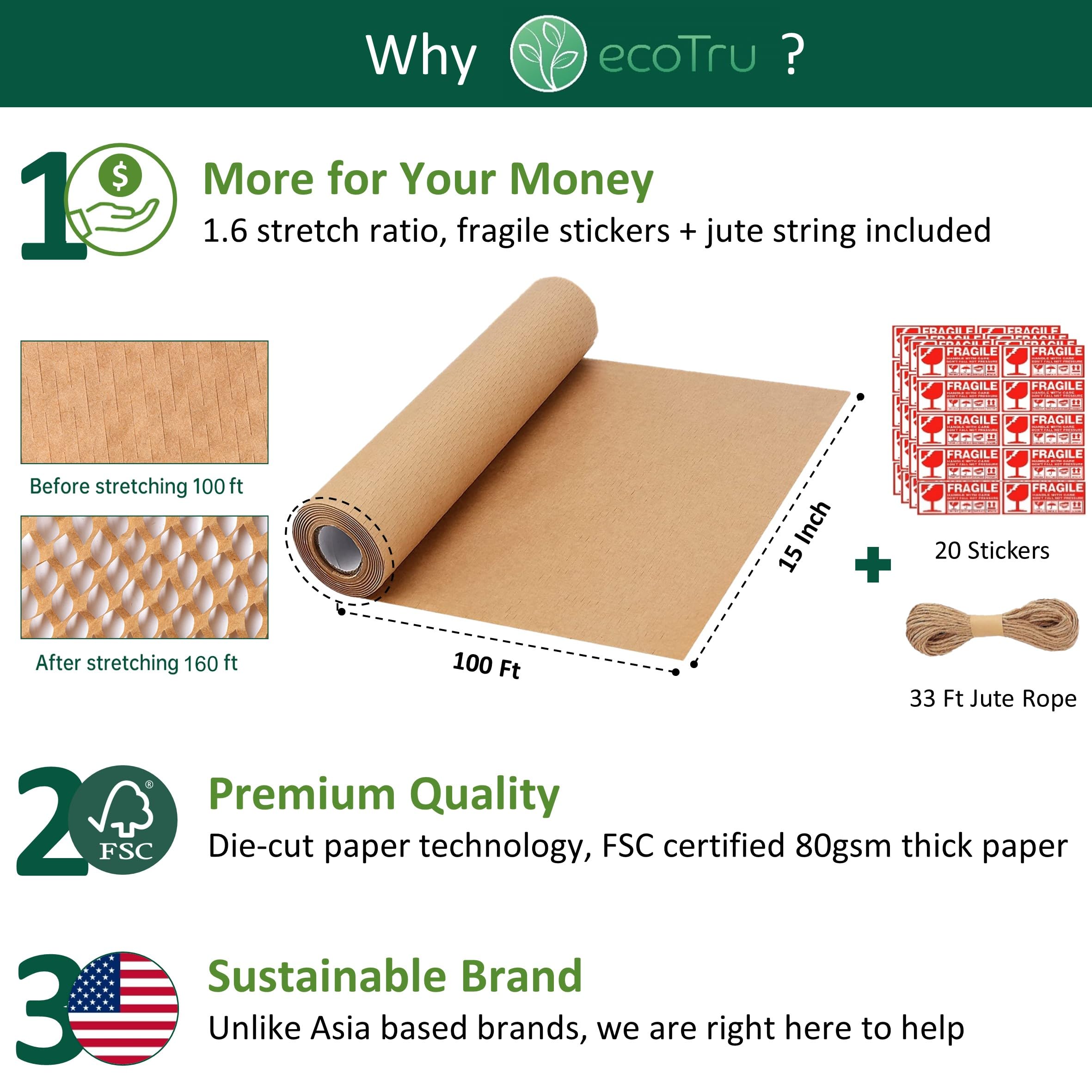 ecoTru Honeycomb Packing Paper 15" x 66', Eco Friendly Protective Wrap for Fragile Items, Recyclable & Biodegradable Shipping Supplies for Small Business, Wrap for Moving Essentials with 20 Sticker