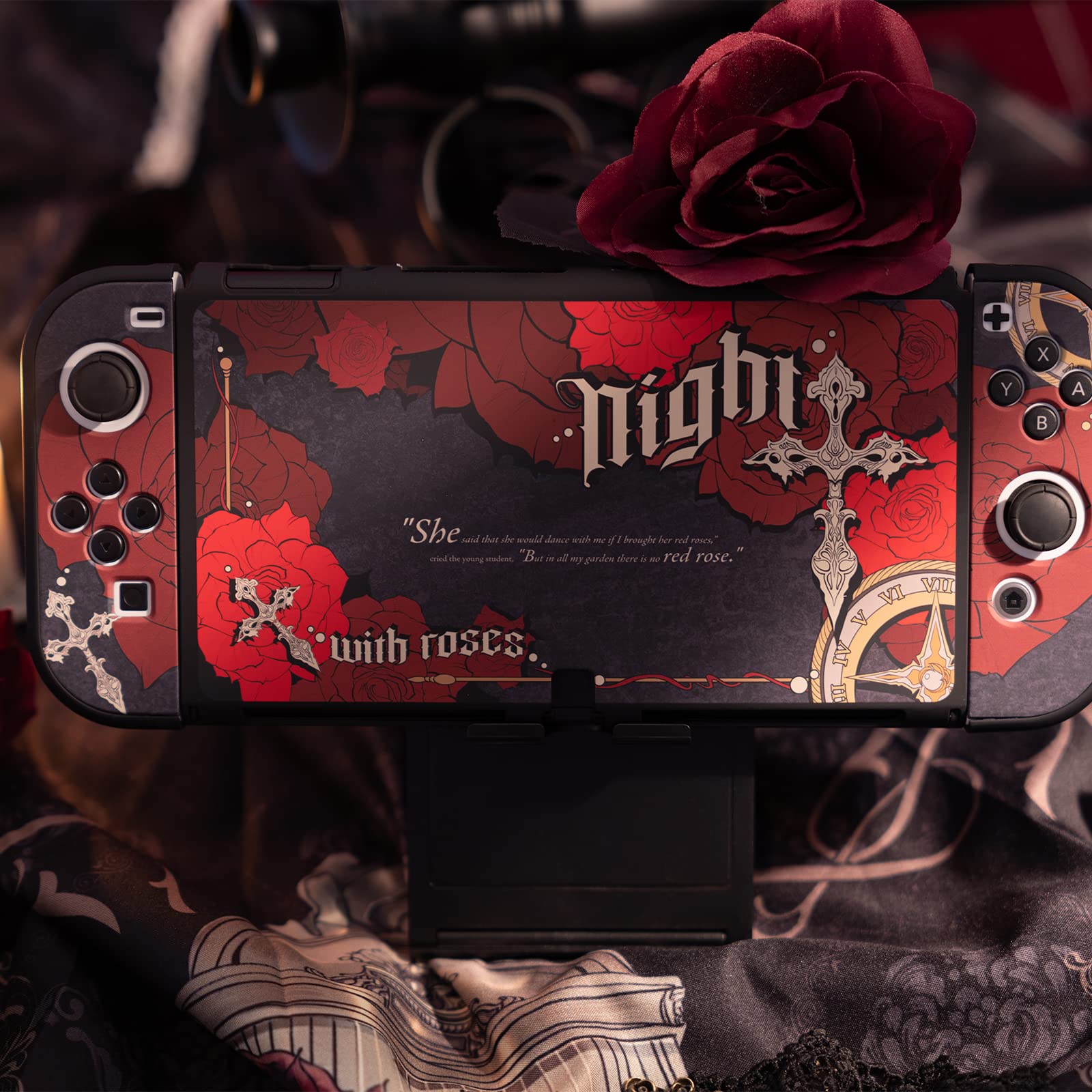GeekShare Protective Case Slim Cover Case Compatible with Nintendo Switch OLED and Joy Con - Shock-Absorption and Anti-Scratch -- Night Roses