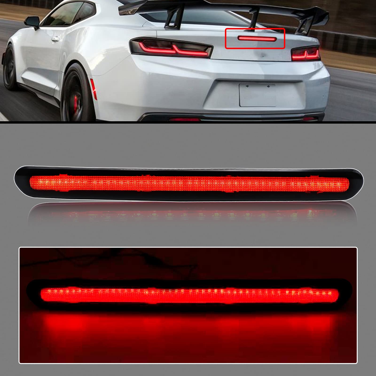 F1 Style Strobe Smoked Lens LED 3rd Third Brake Light for 2016-2020 Gen6 Camaro, Replace OEM Part # GM 84330249 84484034