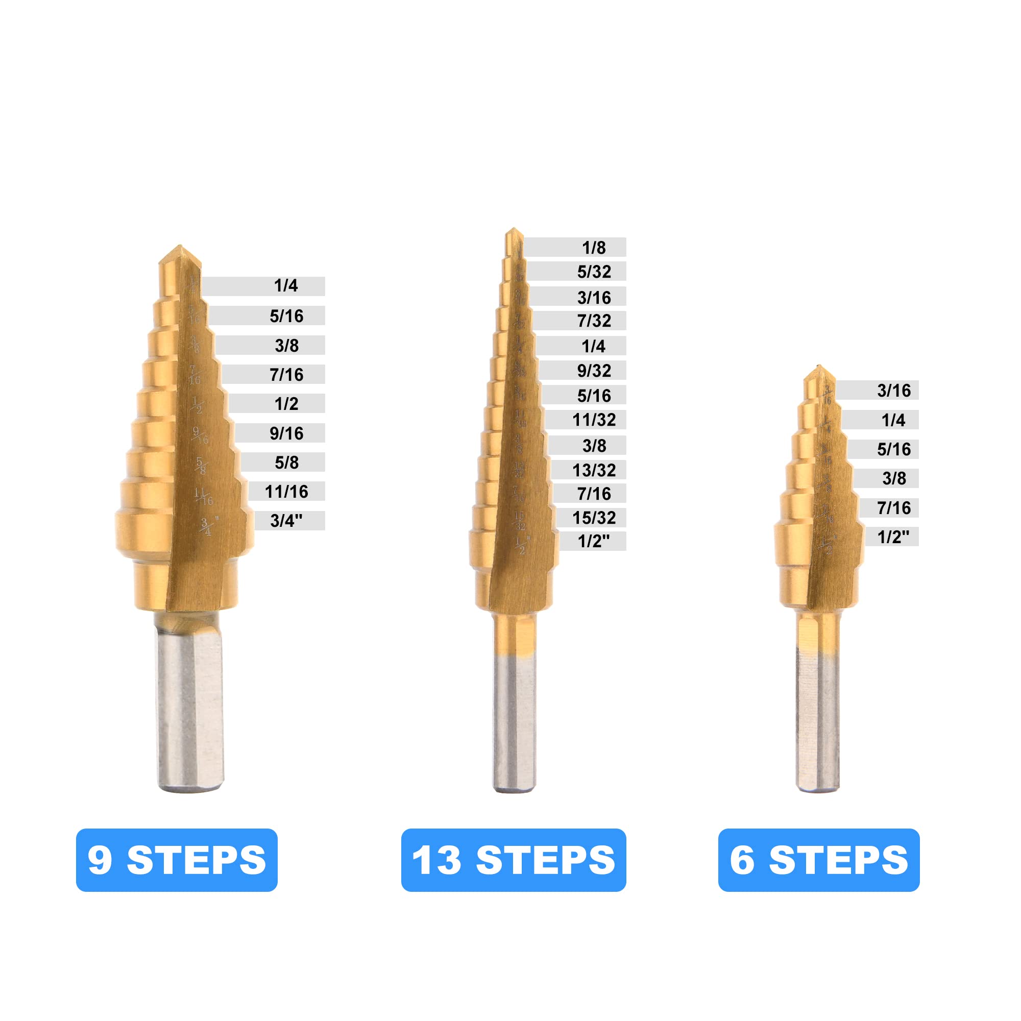 Luckyweld Step Drill Bit Set, 3Piece High Speed Steel Drill Cone Bits for Metal and Wood