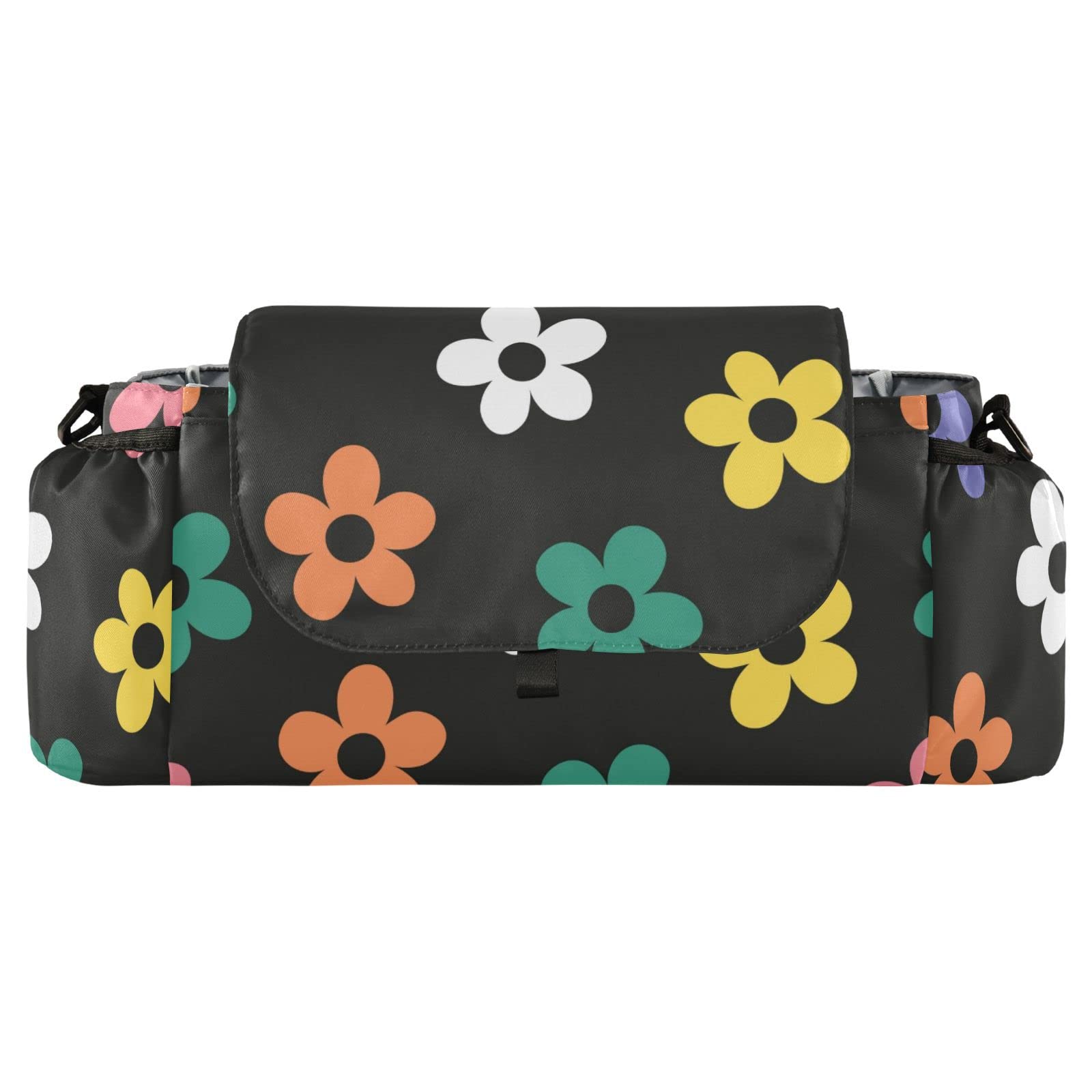 Kigai Colorful Flowers Baby Stroller Organizer with Cup Holders, Secure Hooks Accessories Adjustable Strap Stroller Bag for Bottle, Diaper, Phone, Toys, Baby Items