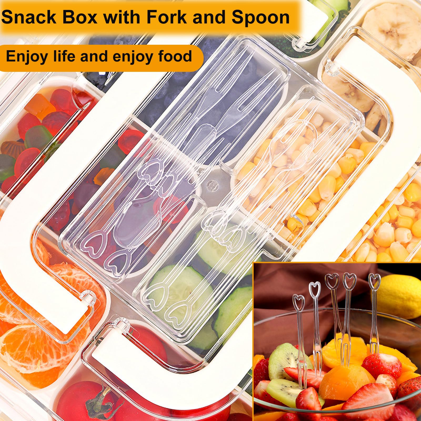Snackle Box Container, Portable Divided Serving Tray With Lid And Handle, Snack Box Container for Candy, Fruits, Nuts, Snacks, Perfect for Picnic, Party, Home and Travel (4 Compartments)