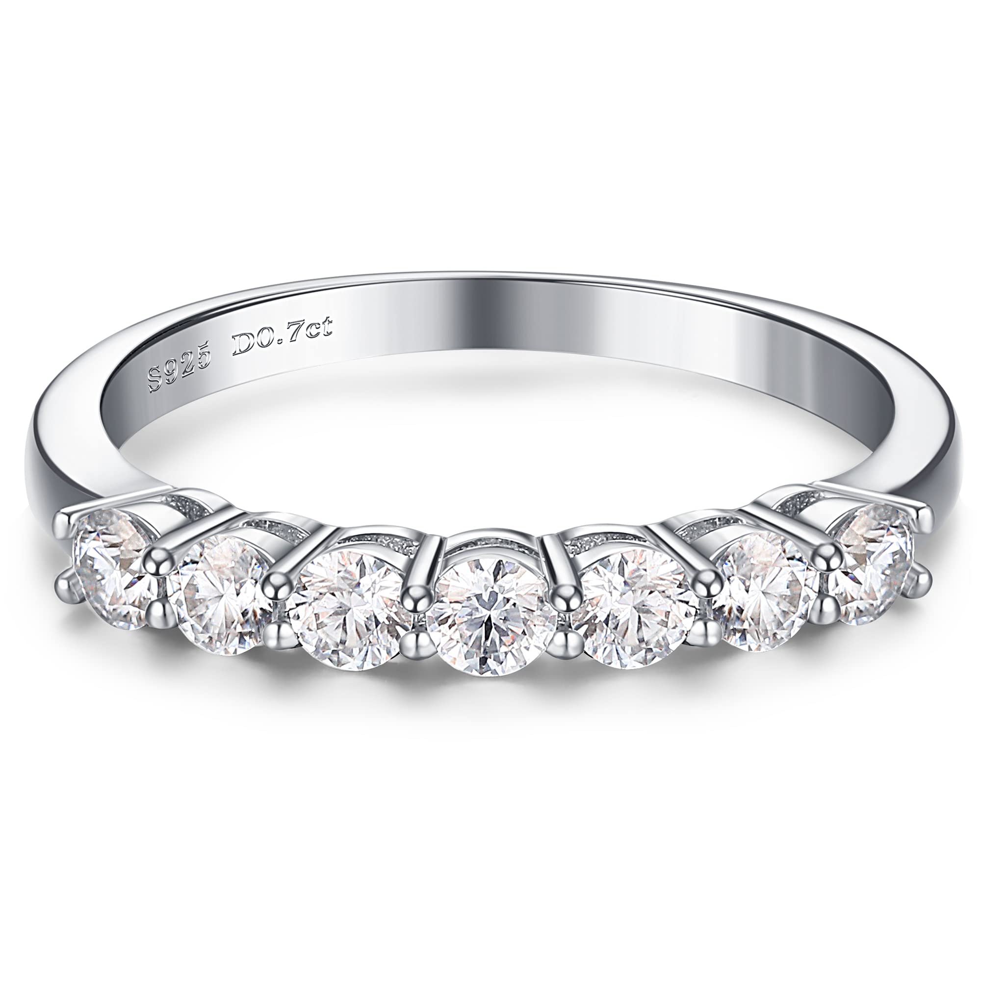 GEMQUEEN Moissanite Wedding Band Rings 925 Sterling Silver Rings 18K White Gold Plated 0.7ct D Color VVS1 Lab Created Diamond Half Eternity Band Rings Stackable Engagement Rings for Women Size 7
