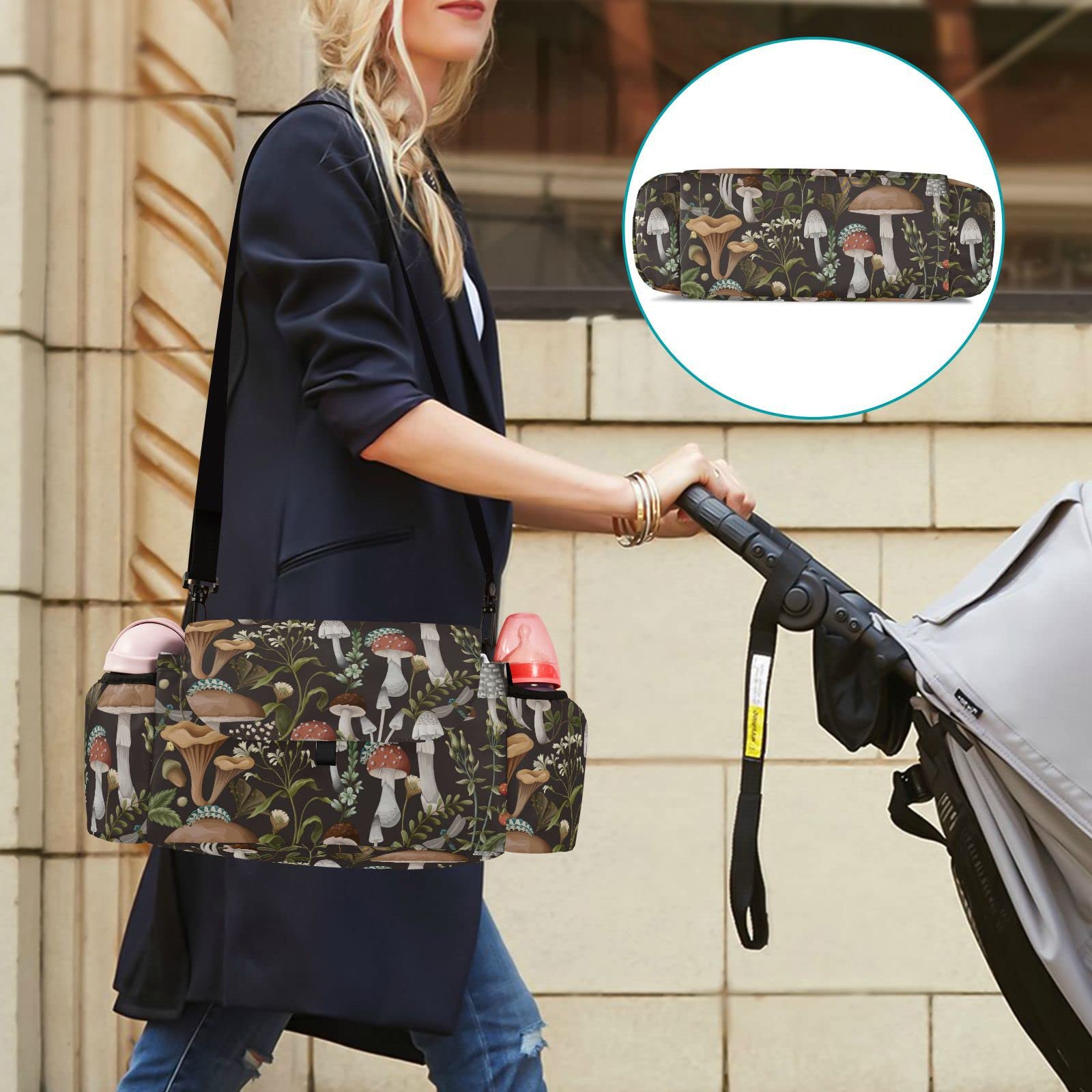 Kigai Fairytale Mushroom Baby Stroller Organizer with Cup Holders, Secure Hooks Accessories Adjustable Strap Stroller Bag for Bottle, Diaper, Phone, Toys, Baby Items