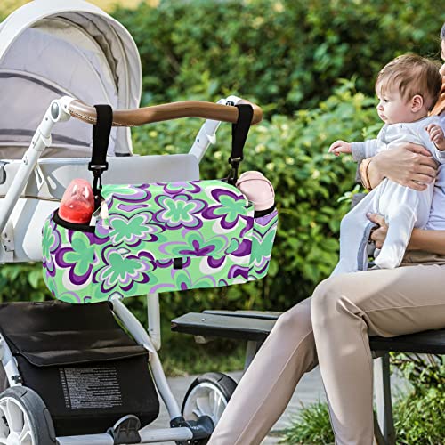 Kigai Retro Daisy Flowers Baby Stroller Organizer with Cup Holders, Secure Hooks Accessories Adjustable Strap Stroller Bag for Bottle, Diaper, Phone, Toys, Baby Items