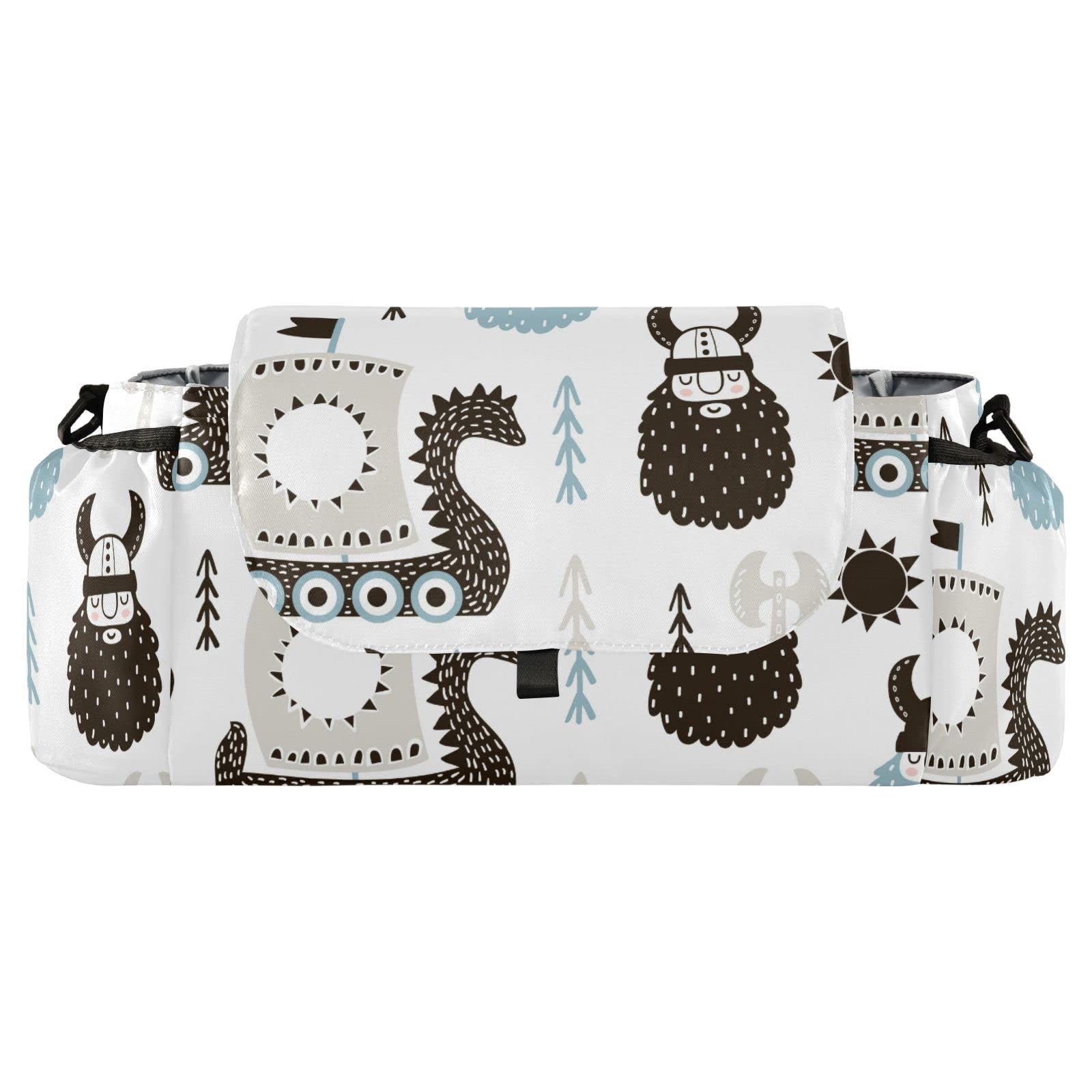 Kigai Viking Boat White Baby Stroller Organizer with Cup Holders, Secure Hooks Accessories Adjustable Strap Stroller Bag for Bottle, Diaper, Phone, Toys, Baby Items