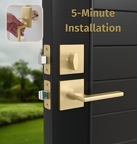 Mega Handles Gold Entry Door Handleset - Single Cylinder Handleset with Lever for Entrance and Front Doors - Modern Door Handles with Design for Left and Right-Handed Doors - Straight Handle