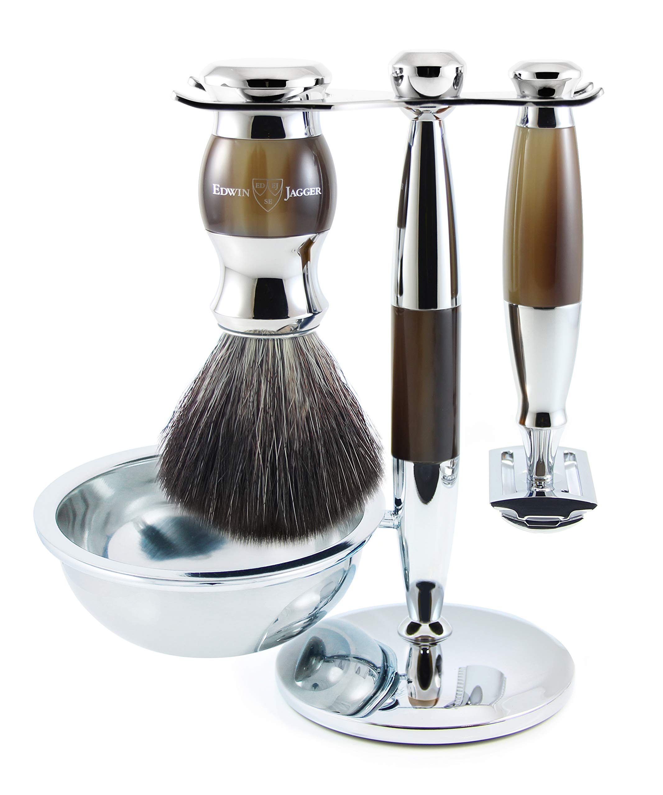 Edwin Jagger 4pc set, Double Edge Safety Razor, Shaving Brush, Black Synthetic Fibre With Stand, Chrome Plated (Imitation Light Horn)