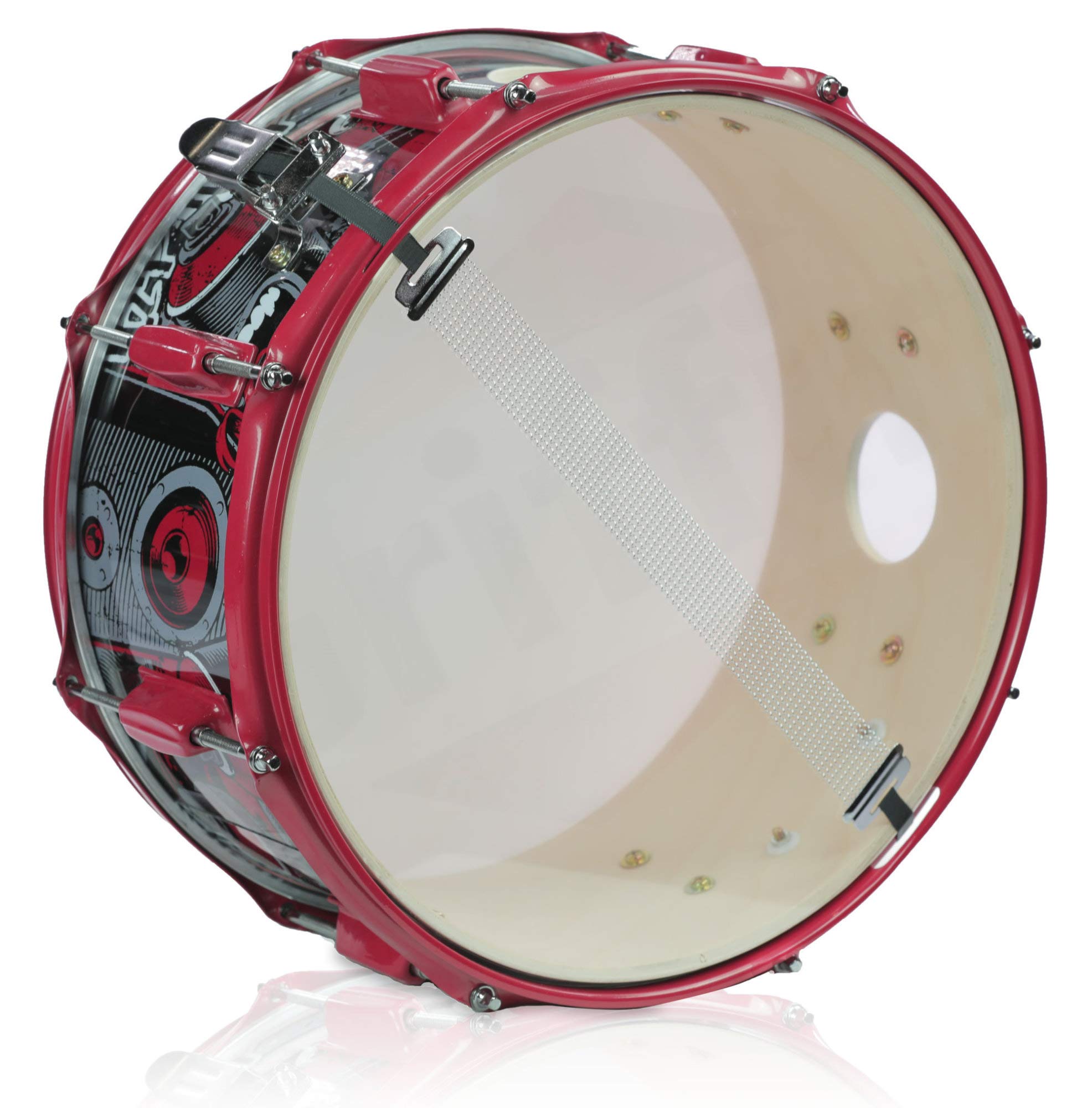 GRIFFIN Snare Drum Birch Wood Shell 14 X 6.5 Inch | Oversize 2.5" Large Vents & Custom Graphic Wrap (Limited Edition) | Red Hardware & Marching Drummers Key for Students & Pros | 8 Metal Tuning Lugs