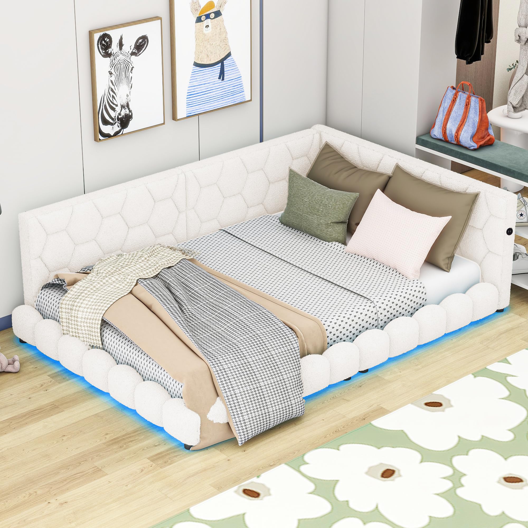 DNYN Upholstered Full Size Daybed with USB Port & Led Design,Teddy Fabric Platform Bed w/Wood Slat Support & No Box Spring Needed & Easy Assembly,Perfect for Bedroom,Livingroom,Guest Room, White