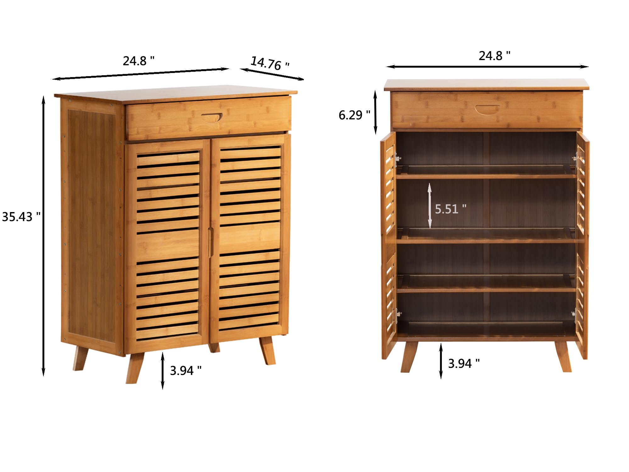 SOBIBO Bamboo Shoe Cabinet, Widen Shoe Storage Cabinet, Shoe Cabinet with1 Drawer and 2 Doors for Entryway, 4 Tier Shoe Storage Cabinet for Closet, Living Room, Bedroom