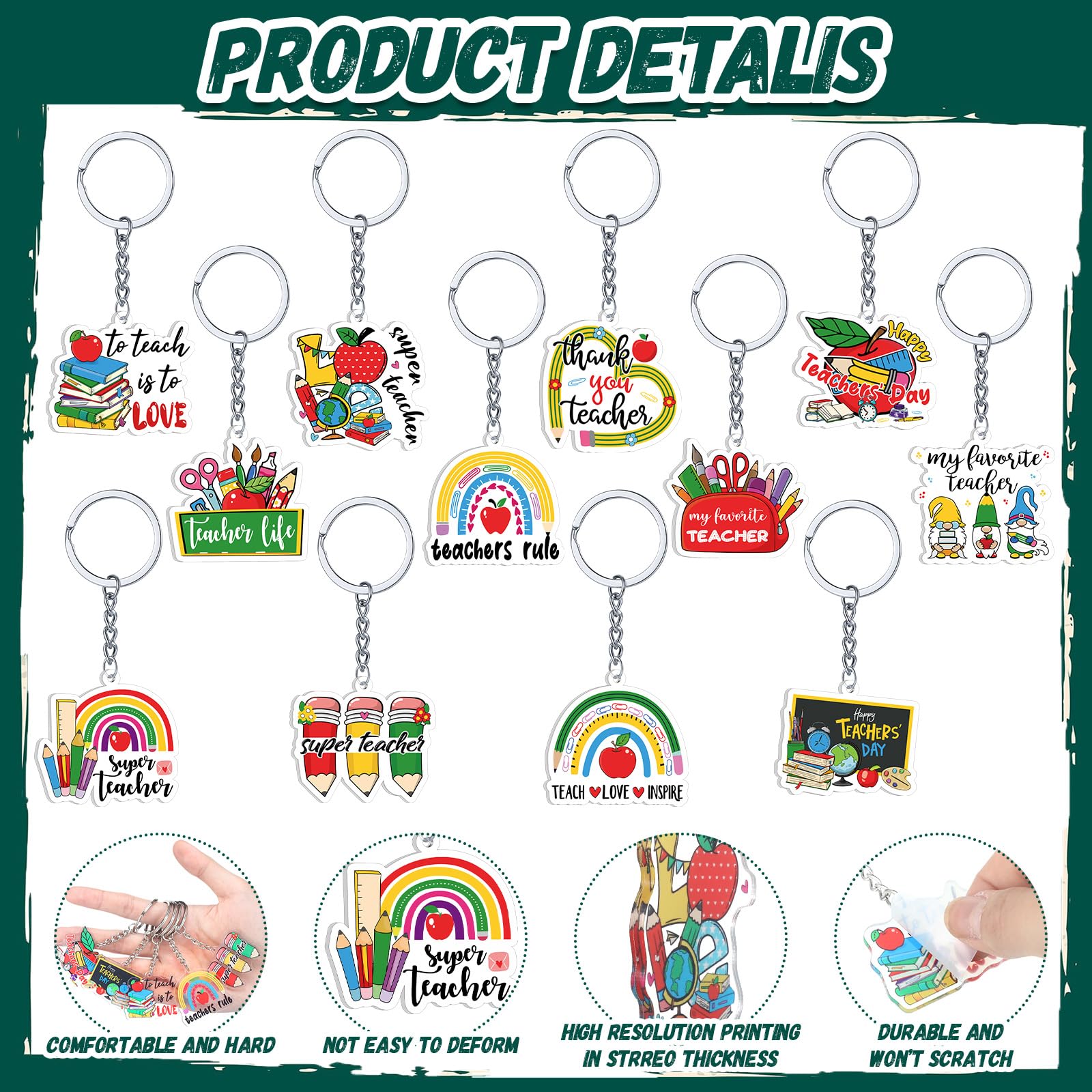 Kigeli 60 Pcs Teacher Keychain Bulk Teacher Appreciation Gifts in Bulk Acrylic Key Rings Teacher Gift Teacher Accessories