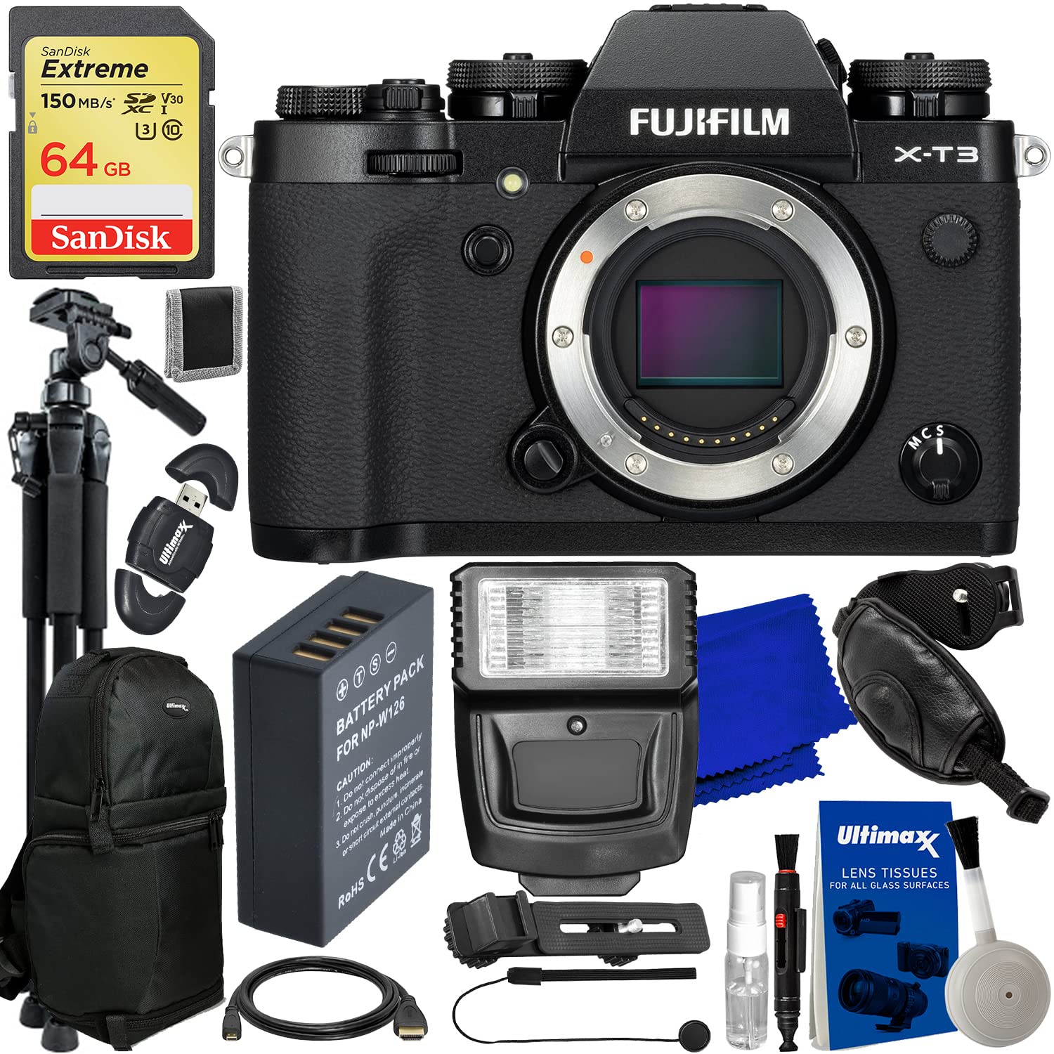 FUJIFILM X-T3 Mirrorless Camera (Body Only, Black, USB Charging) + SanDisk 64GB Extreme SDXC, Replacement Battery, Sling Camera Backpack, Lightweight 60” Tripod, Digital Flash & Much More(24pc Bundle)