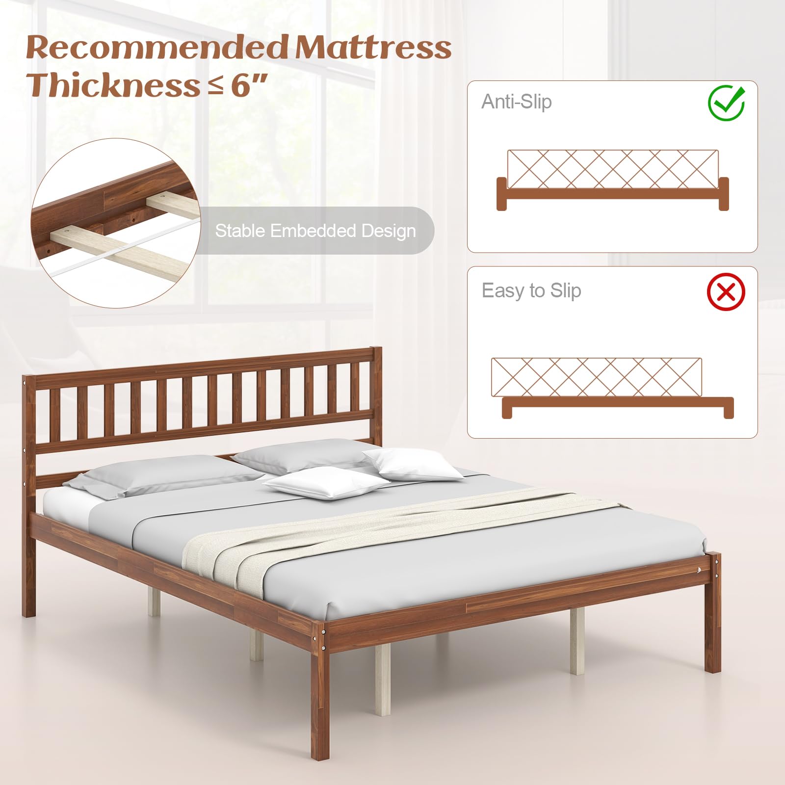 KOMFOTT Queen Size Wood Platform Bed Frame with Headboard, 16-Inch Mid-Century Wooden Bed Frame with Slats Support & 12β Under Bed Storage Space, Retro Mattress Foundation, No Box Spring Needed