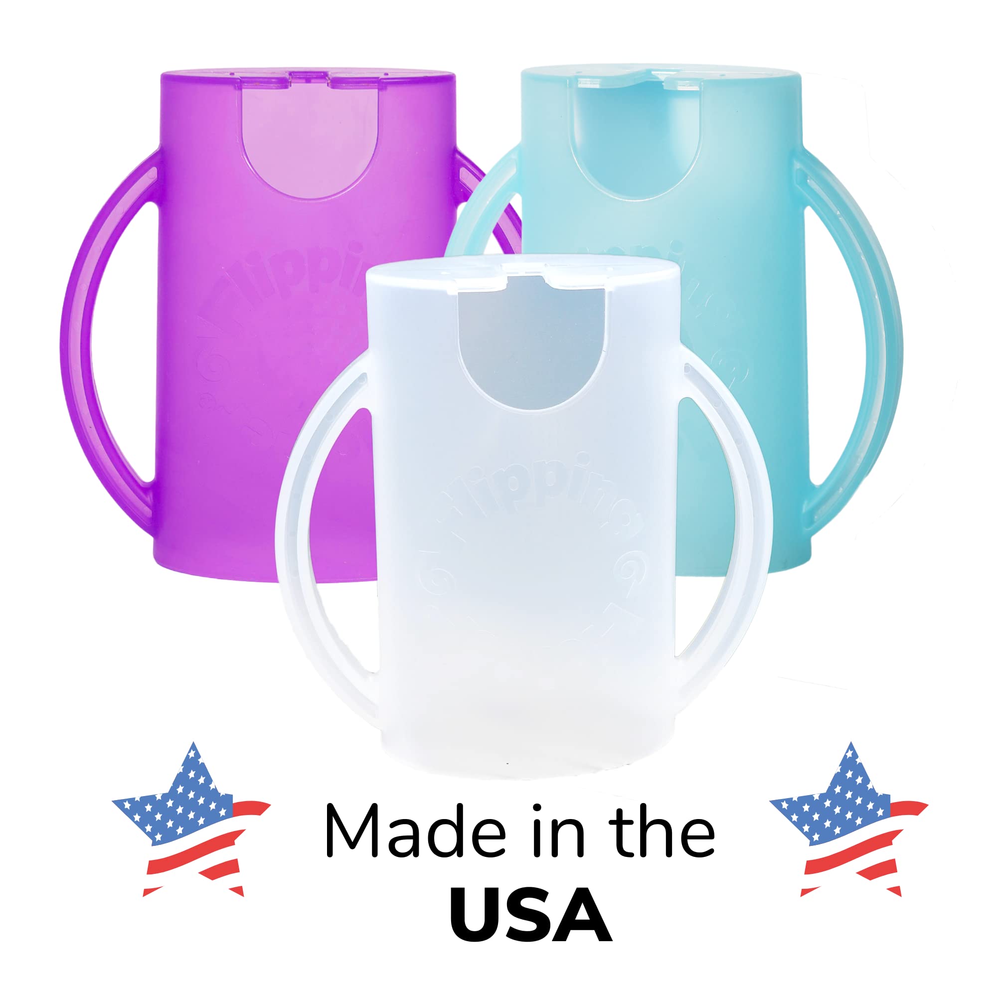 Flipping Holder DELUXE Squeeze Proof (with lid) for Food Pouches & Juice Boxes - Multipurpose - Prevent Messes & Support Self-Feeding - Easy Grasping Handles - Made in USA