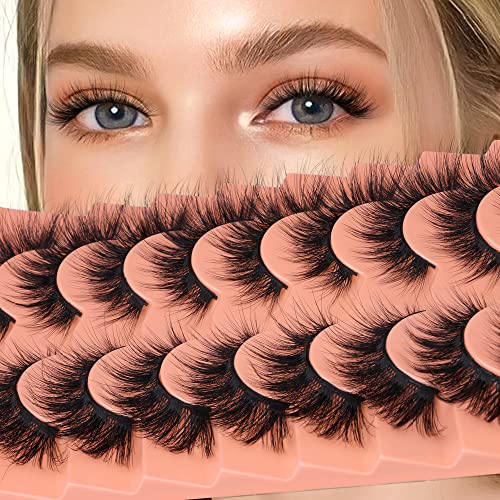 Eyelashes Wispy Natural Lashes Cat Eye Lashes Fluffy Mink Lashes Fake Eyelashes 8D Volume 18MM Faux Mink Eyelashes that Look Like Extensions 9 Pairs Pack