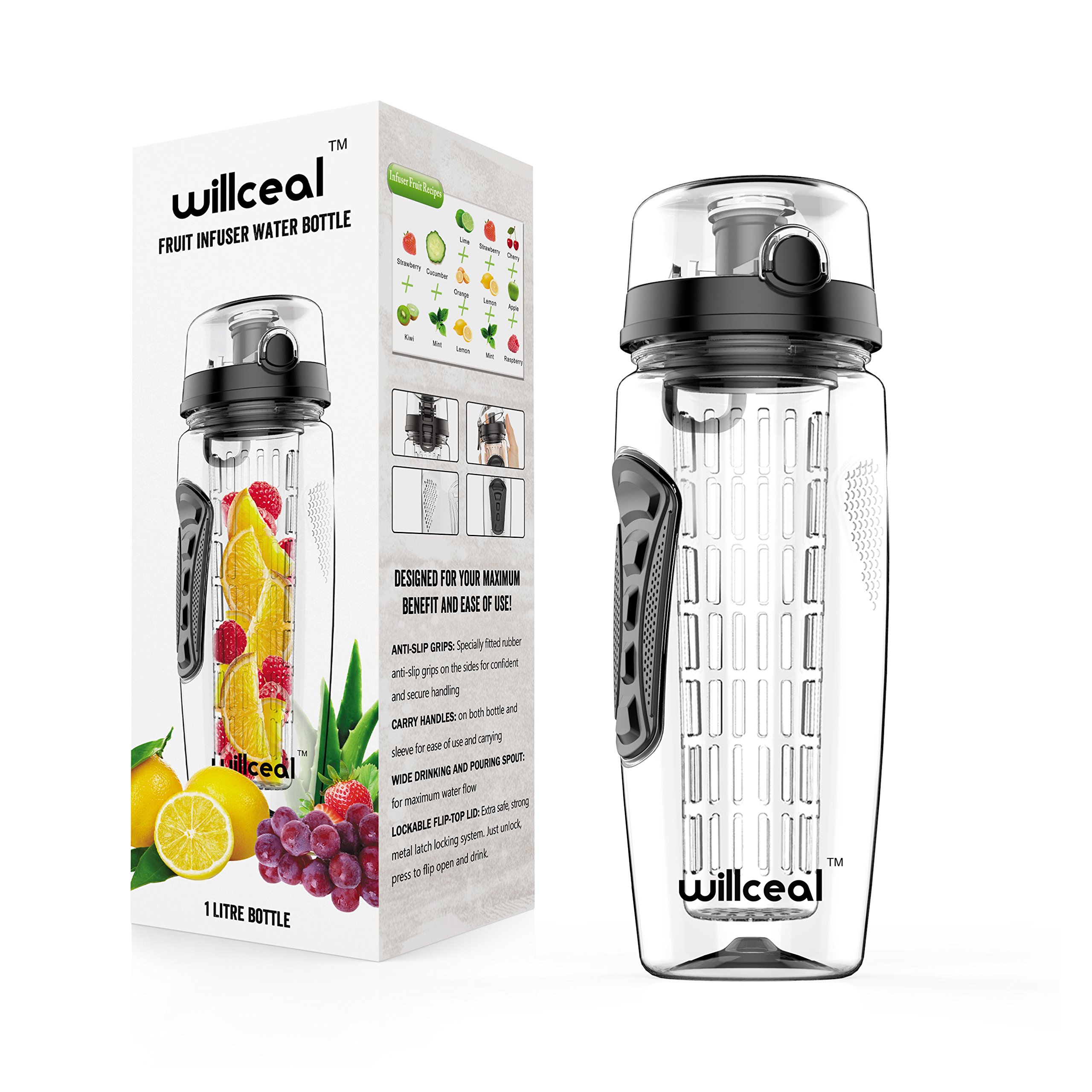 Fruit Infuser Water Bottle 32oz Willceal- Durable, Large - BPA Free Tritan, Flip Lid, Leak Proof Design - Sports, Camping (Dark Red)