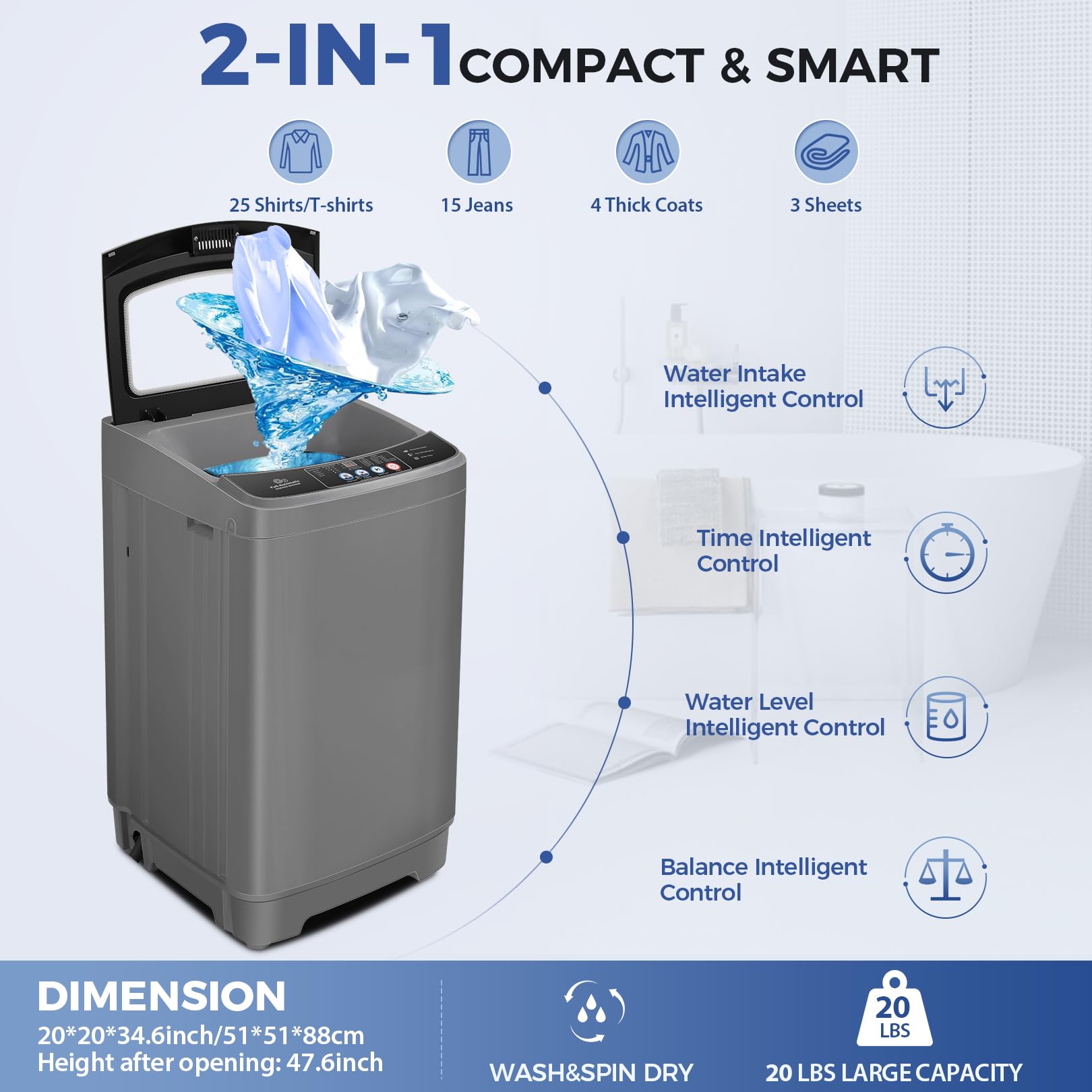 Nictemaw Portable Washing Machine, 20Lbs Capacity Full-Automatic Portable Washer Machine, 2.8Cu.ft Washer and Dryer Combo with 10 Programs & 8 Water Levels for Apartment, Dorms, RV-Glass Cover
