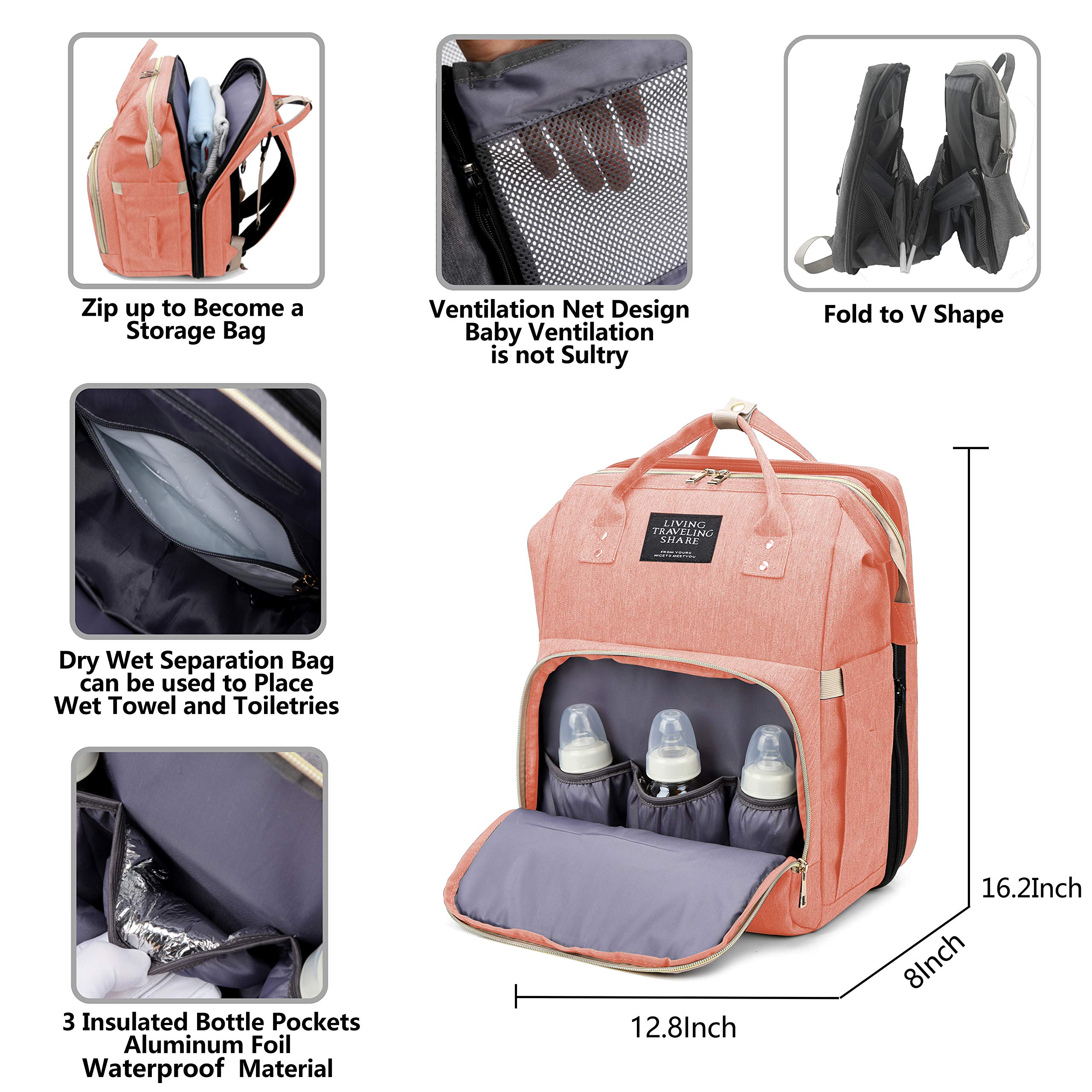 Lamroro Diaper Bag Backpack, Baby Nappy Changing Bags Multifunctional Travel Backpack with Changing Station, Large Capacity, Waterproof, Sunshade, Built-in USB Charging Port Stylish Pink