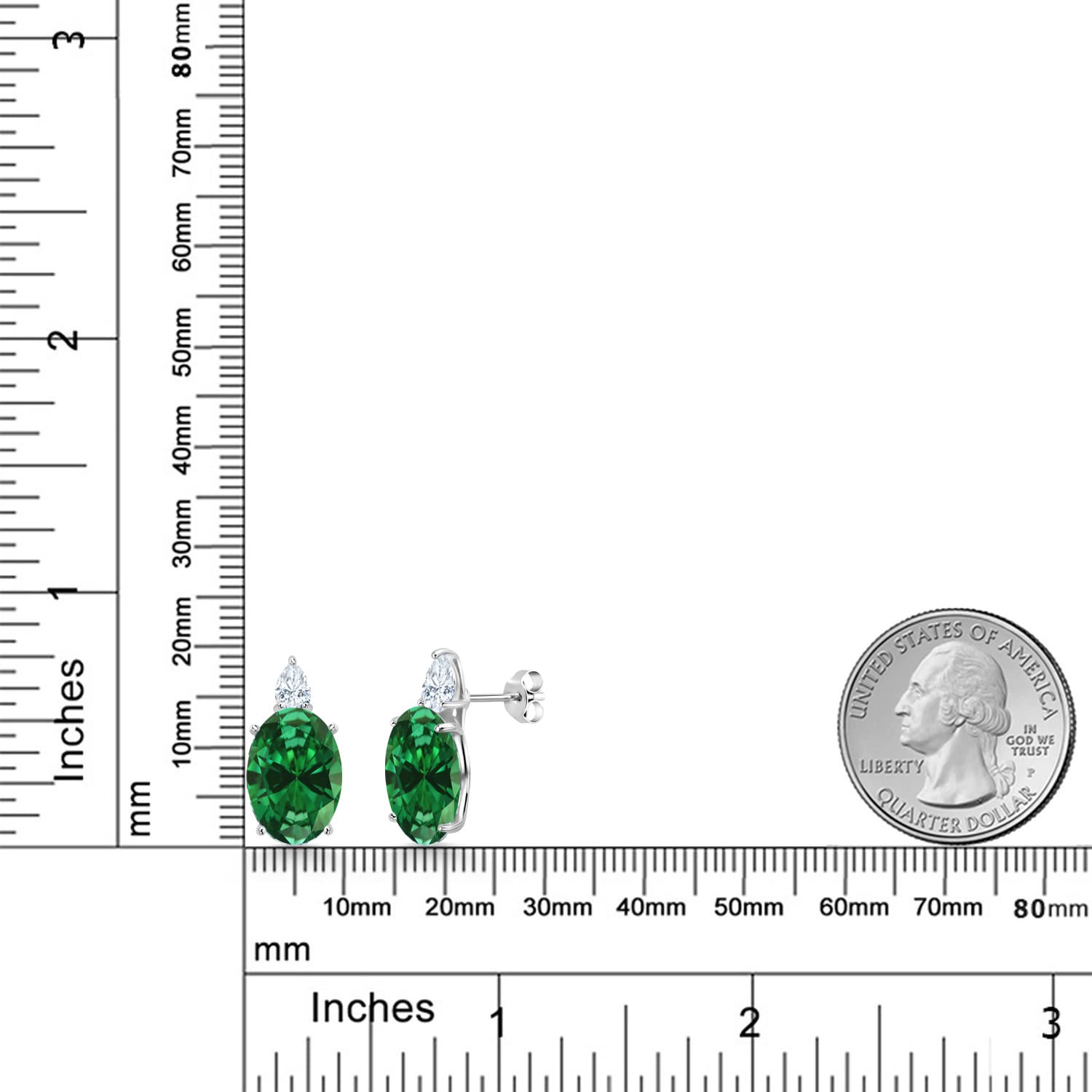 Gem Stone King 925 Sterling Silver Green Created Emerald and White Moissanite Stud Earrings For Women (8.80 Cttw, 14X10MM Oval, 6X4MM Pear Shape)