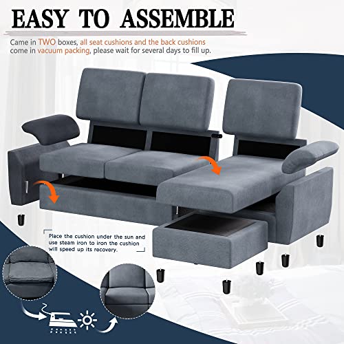 Meilocar 79β Modern Sectional Sofa Couch, Convertible L Shaped Couch with Reversible Ottoman, 3-Seat Sofa Sectional with Removable Armrest for Living Room, Apartment, Small Space, Blue Grey