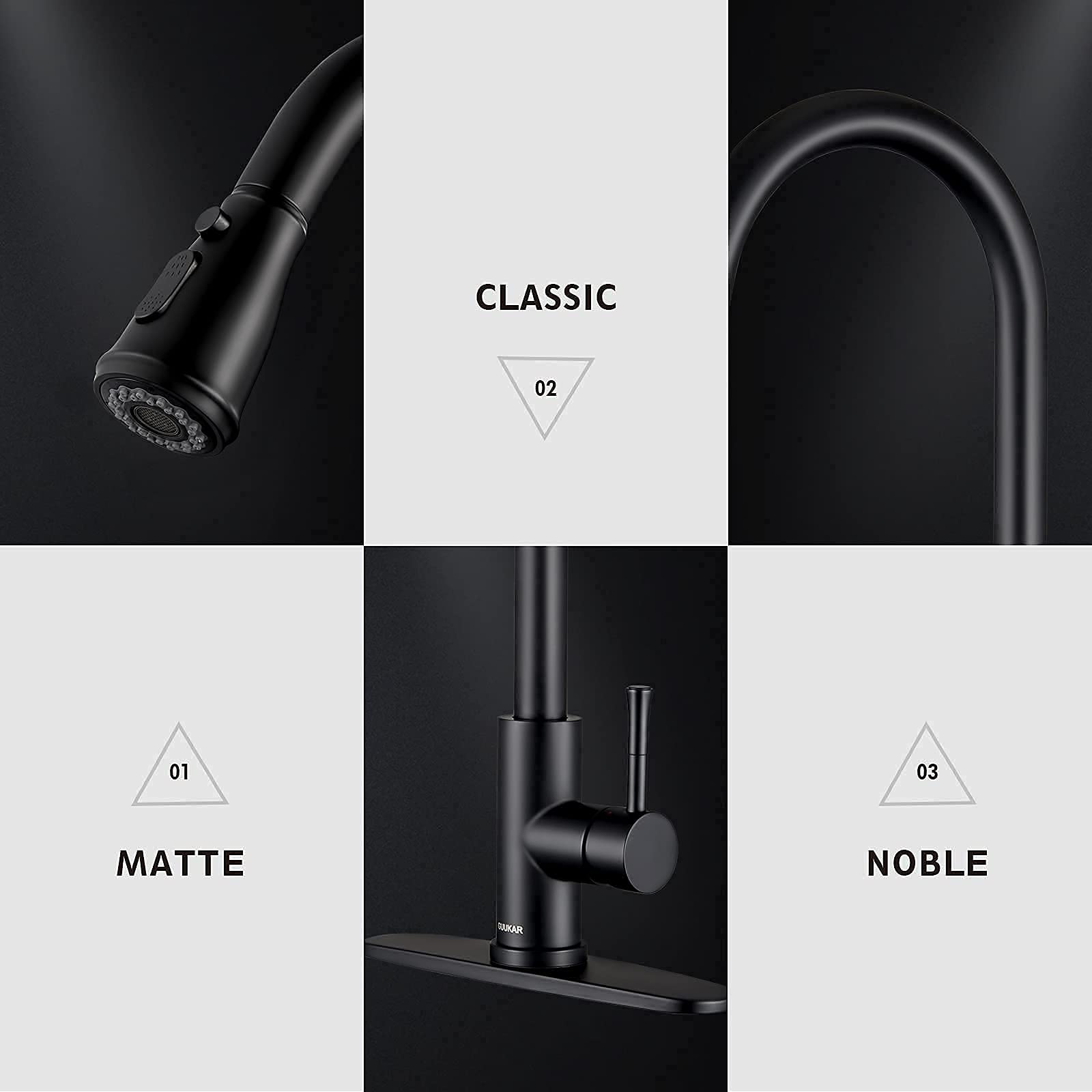 GUUKAR Black Kitchen Faucet with Pull Down Sprayer Matte Black Stainless Steel Kitchen Sink Faucet 360 Degree Swivel with Deck Plate