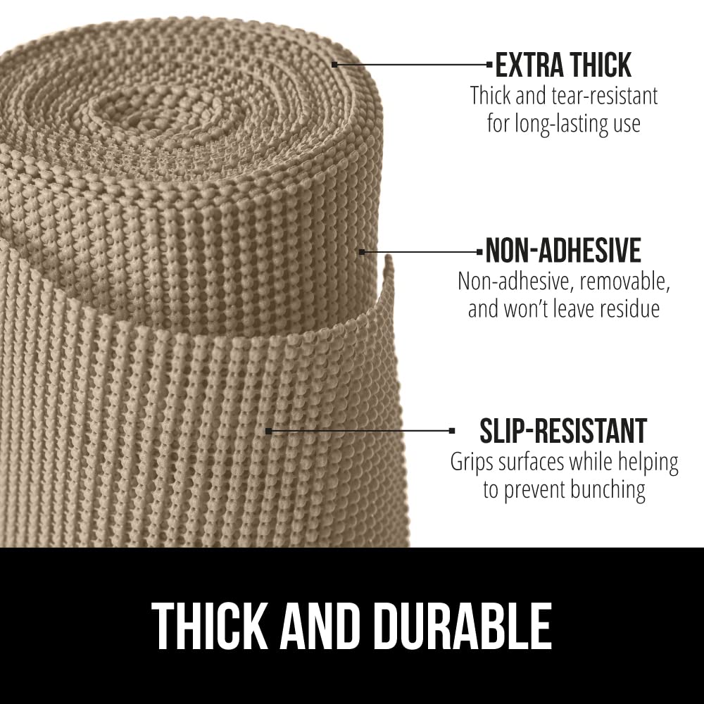 Gorilla Grip Drawer Liner and Smooth Drawer Liner, Shelf Liner Size 12x10, Bathroom Storage Shelves, Smooth Liner Size 17.5x20, Non Adhesive, Both in Beige, 2 Item Bundle