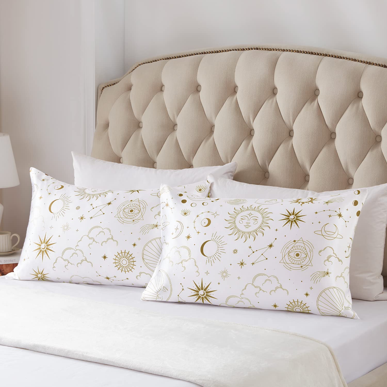 EXQ Home Satin Pillowcase Silky Satin Pillowcase for Hair and Skin,Soft Cooling Printed Pillow Cases Queen Size Set of 2 Satin Pillow Case for Women with Envelope Closure (White Moon,20X30inch)