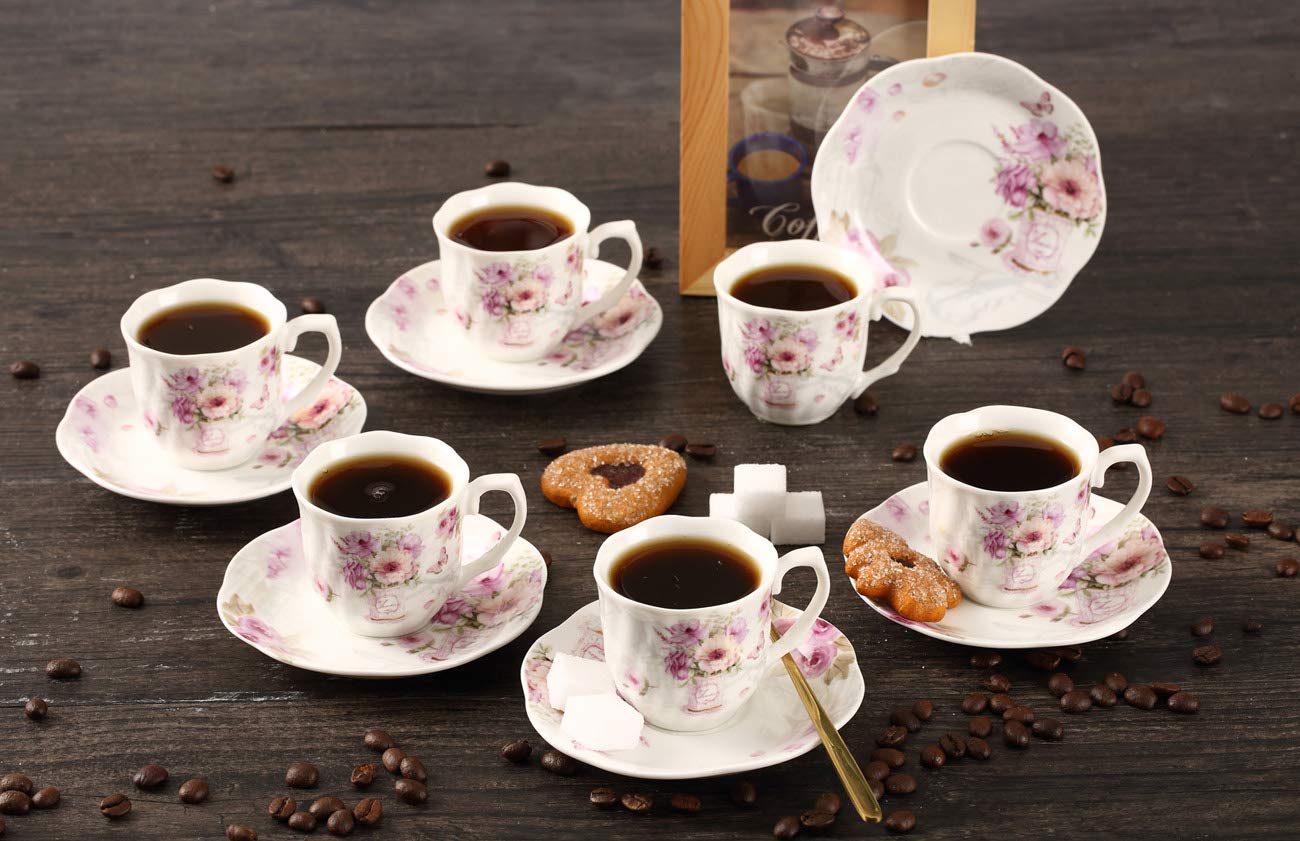 GuangYang (Tiny Size)Fine Porcelain Mini Espresso Turkish Cups and Saucers Set, 2 Ounces or 80cc,in Gift Box