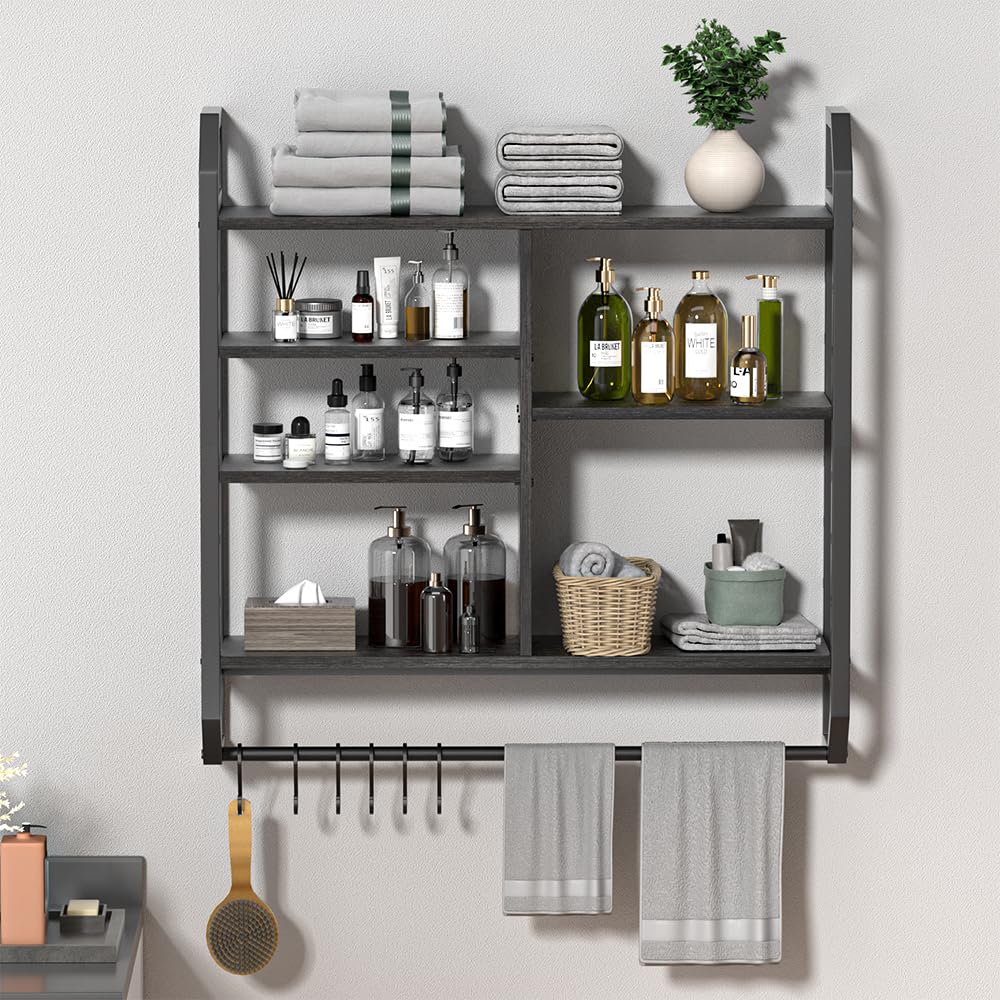 Nidouillet Gaming Floating Shelves, Large LED Wall Mounted Display Shelf, Adjustable Hanging Pipe Shelf Bookshelf with Lights 6 Hooks for Game Living Room Bedroom Coffee Bar Kitchen Decor Black