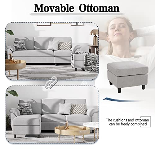 Meilocar Sofa Couch, 79" Sectional Convertible L Shaped Couch with Reversible Ottoman, 3-Seat Sofa Sectional with Removable Armrest for Living Room, Apartment, Small Space, Light Grey