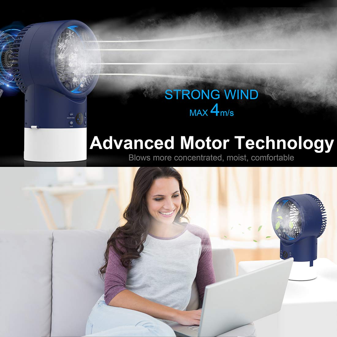EEIEER Air Conditioner Cool Mist Humidifier Fan, 4 in 1 Timing Night Light Quiet Circulation Small Table Fans Personal Adjustable Misting Evaporative Air Cooler for Home Bedroom Office (Blue)