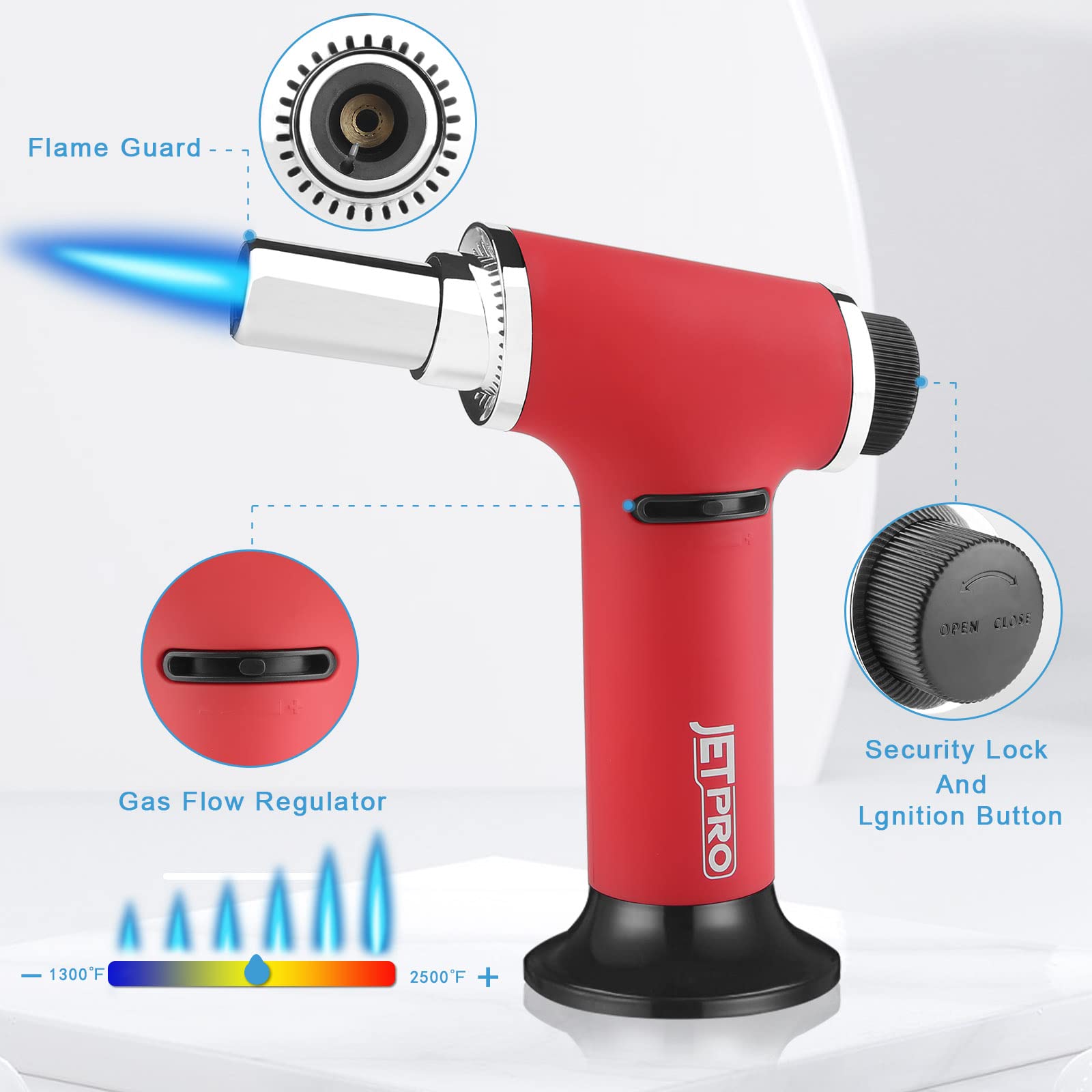 JETPRO Butane Torch Lighter One-hand Operation Kitchen Cooking Torch with Adjustable Flame for BBQ, Baking, Cream (Butane Gas Not Included) (red)