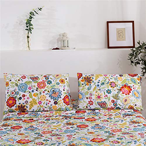 MEISHANG California King Size Sheet Set Floral Printed Sheets Ultra Soft 100% Microfiber - 16 Inch Deep Pocket Breathable Comfortable Printed Bed Sheet Set - 4 Pieces Spring Flower Cal King